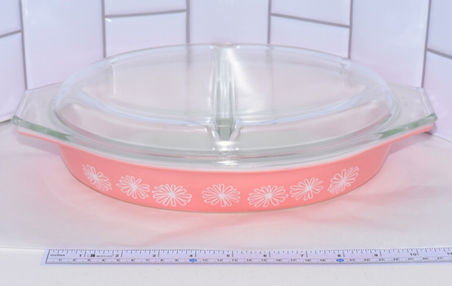 Vintage Pyrex Pink Daisy 12" Oval Divided Vegetable Dish with Glass Lid ...
