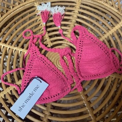 She Made Me HOT PINK Sliding Crochet Triangle String Bikini Top, US ...