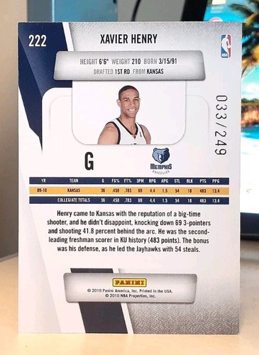 2010-11 Prestige Rookie Bonus Shots Gold #/249 Xavier Henry #222 KANSAS ...