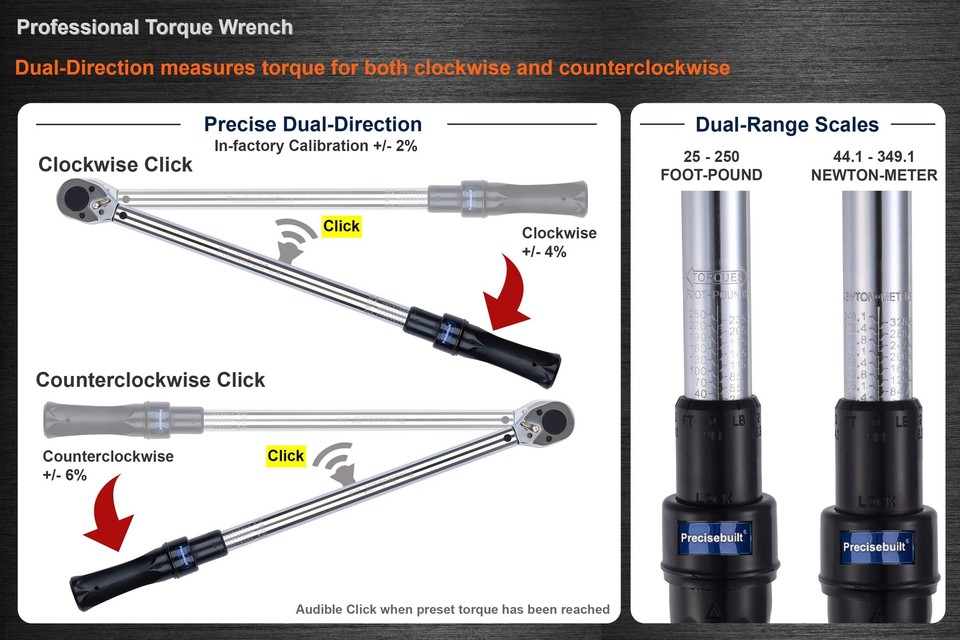 Precisebuilt 1/2" Drive 25-250 ft-lb (Nm) Dual-Direction Click Pro Torque Wrench | eBay