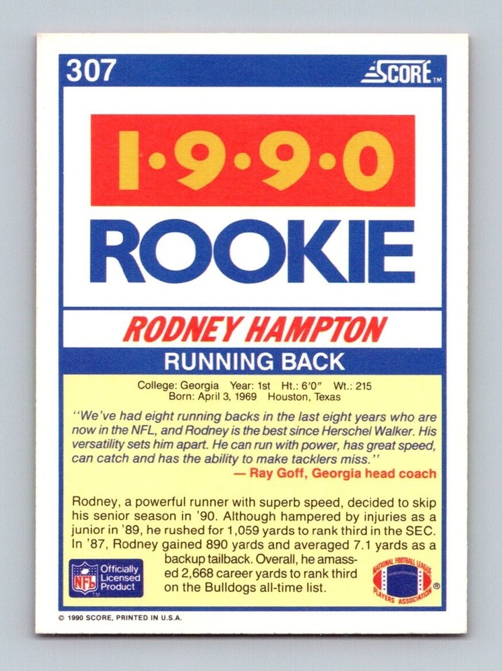 1990 Score Football Card #307 Rodney Hampton Running Back Rookie RC | eBay