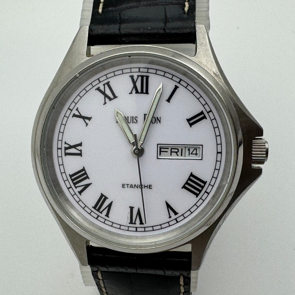 Louis Pion Quartz Watch Etanche Men 30m Silver Steel Day Date Leather ...