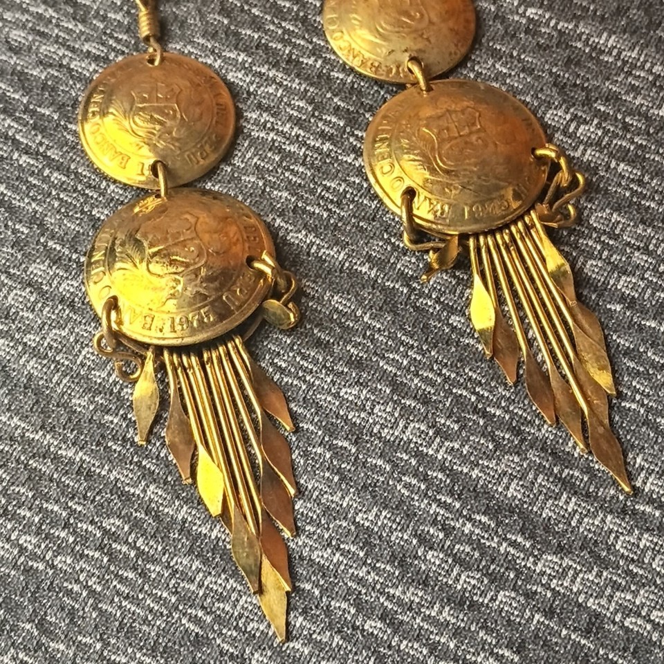 Vintage Peru Coin Gold Plated Dangle Statement Peruvian Boho Coin ...