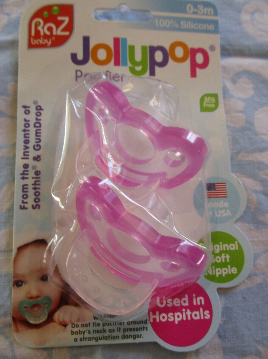New 2 pack Pink RAZ Baby Jollypop Pacifiers -0-3 M, SILICONE, BPA FREE ...