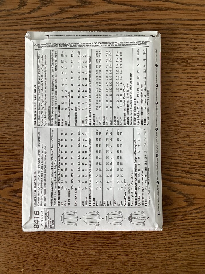 Simplicity Pattern 8416 Misses Shirt w/Back Variations Sizes: 16 - 24 ...