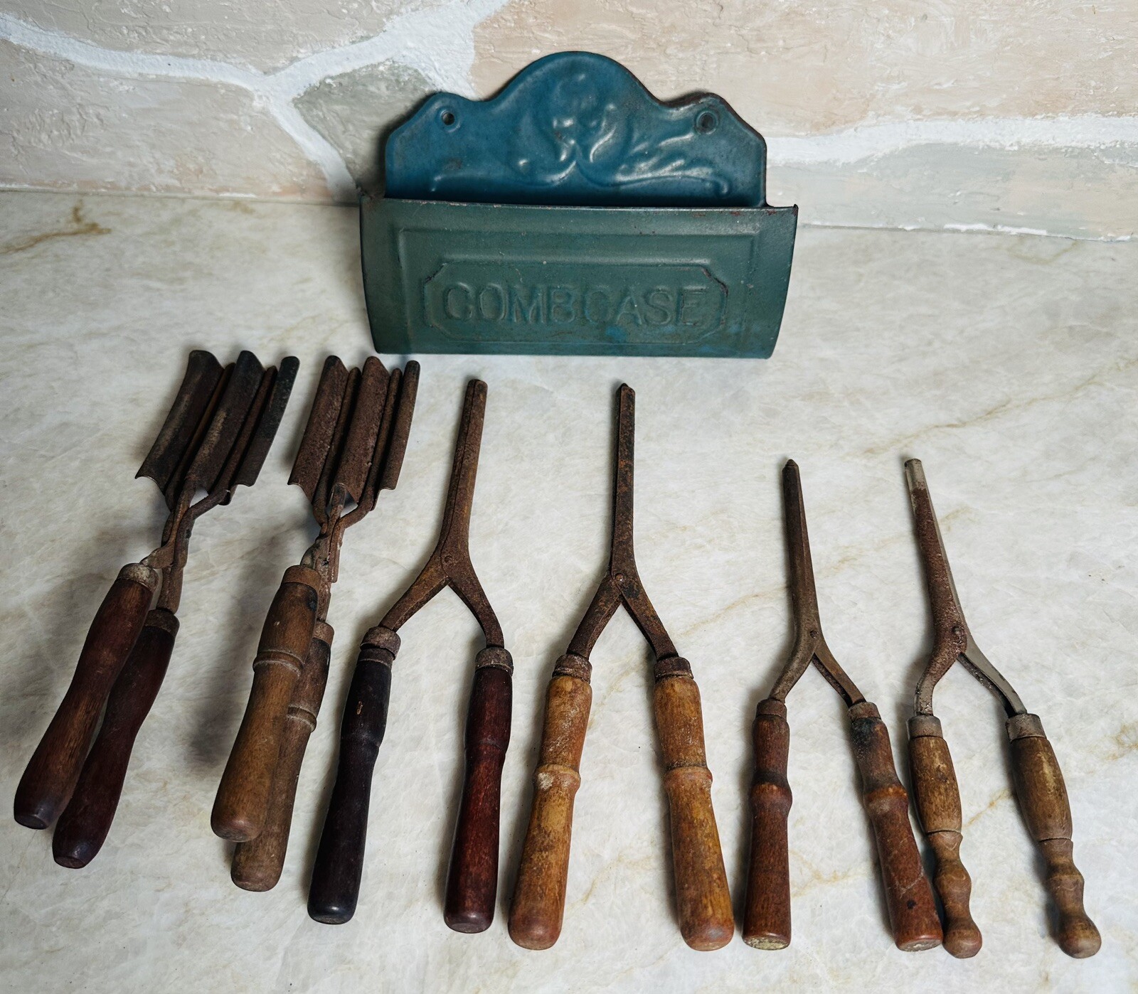 Lot of 7 Vintage & Antique Curling Irons with Wooden Handles & a Metal ...