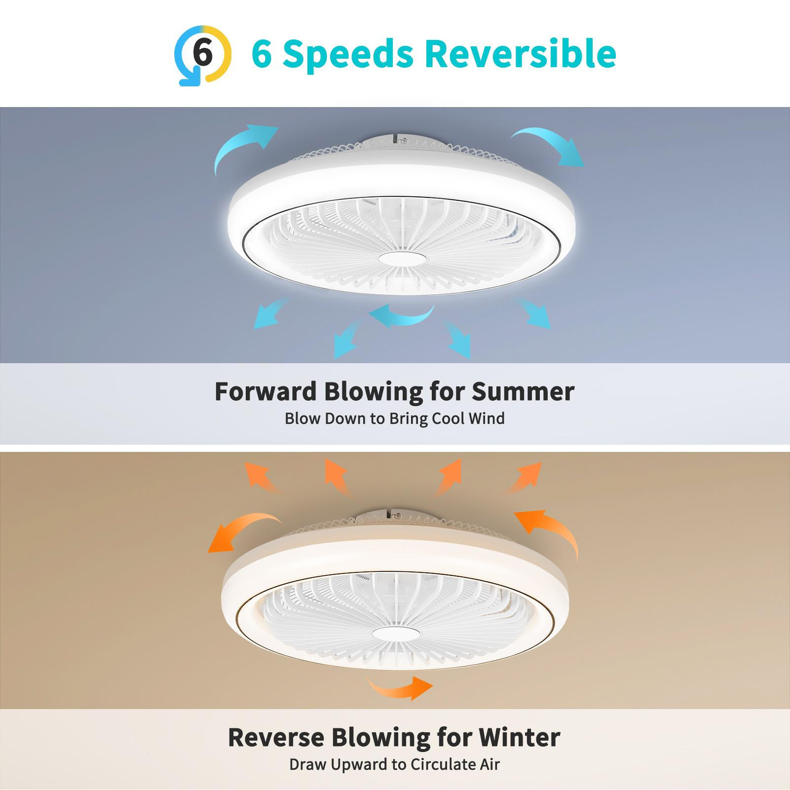 6 Speed Large LED Ceiling Fan with Lighting LED Light Adjustable Wind ...