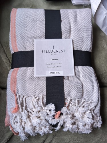 NWT Fieldcrest Cashmere Blend Throw Blanket Afghan In Cream & Coral 60 ...