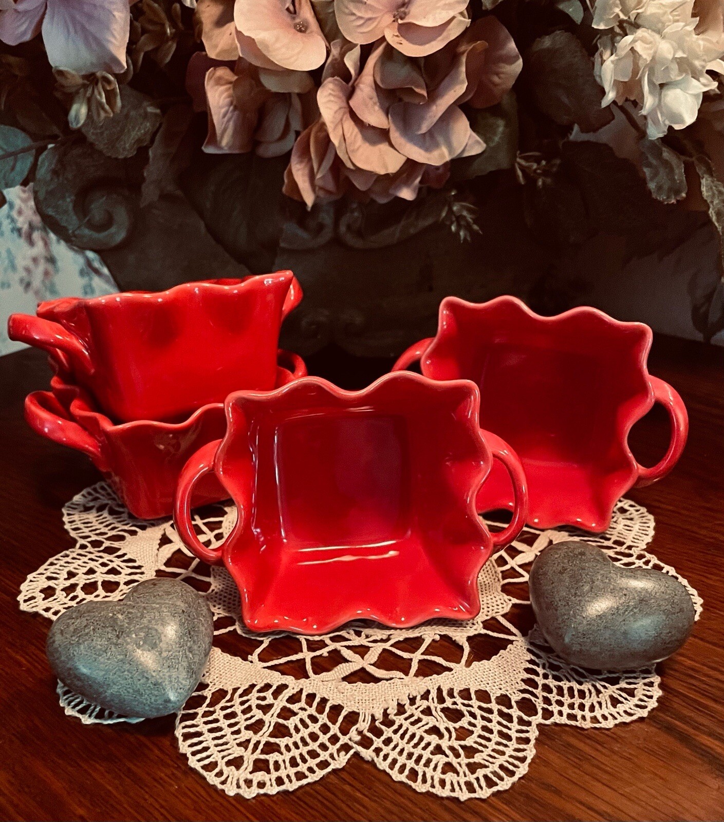 Ramekin Mini Bakeware Set; Red Ceramic W/Scalloped Edgings & Double ...