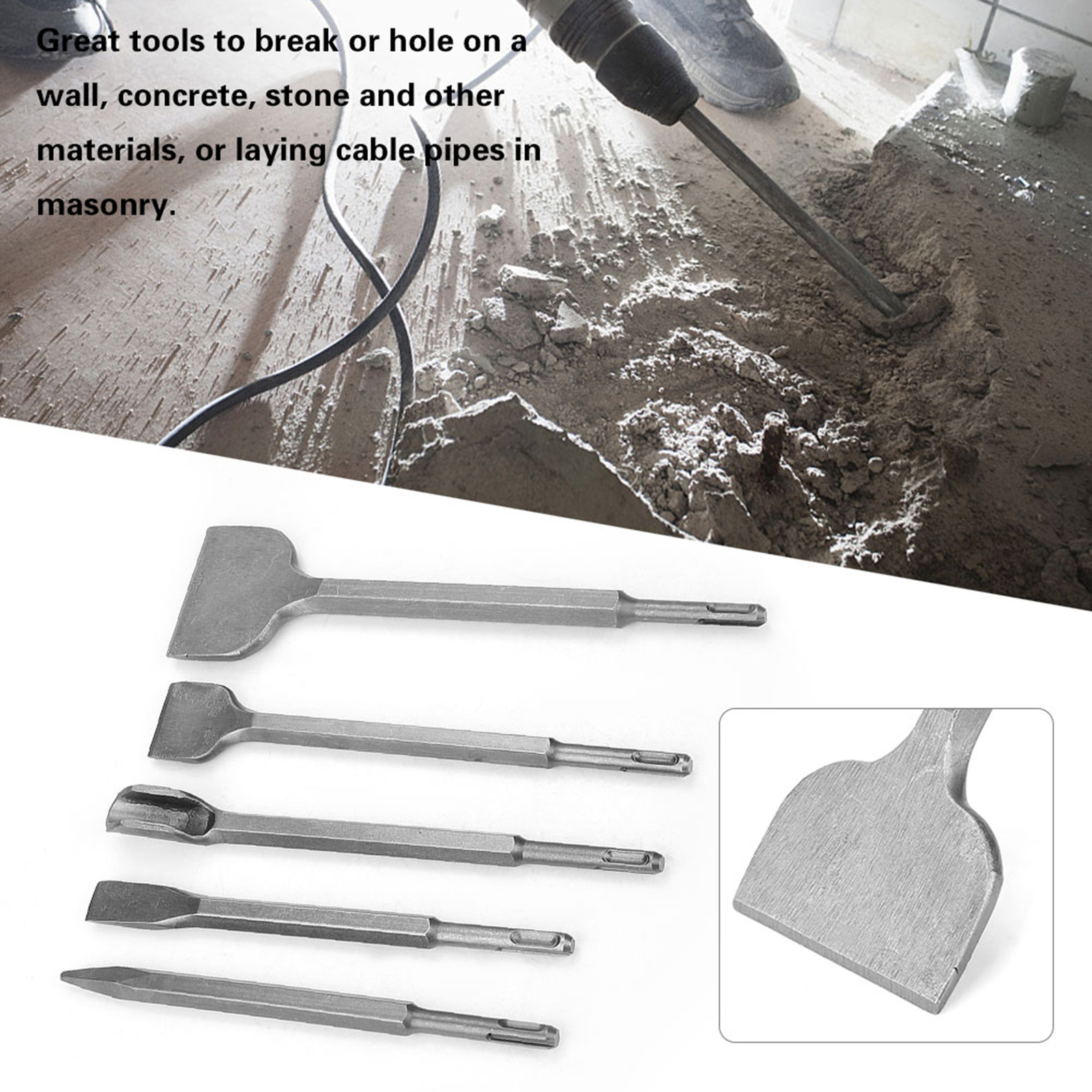 5Pcs Drill Bits Chisel SDS Plus Rotary Hammer Bit Masonry Set Chipper ...
