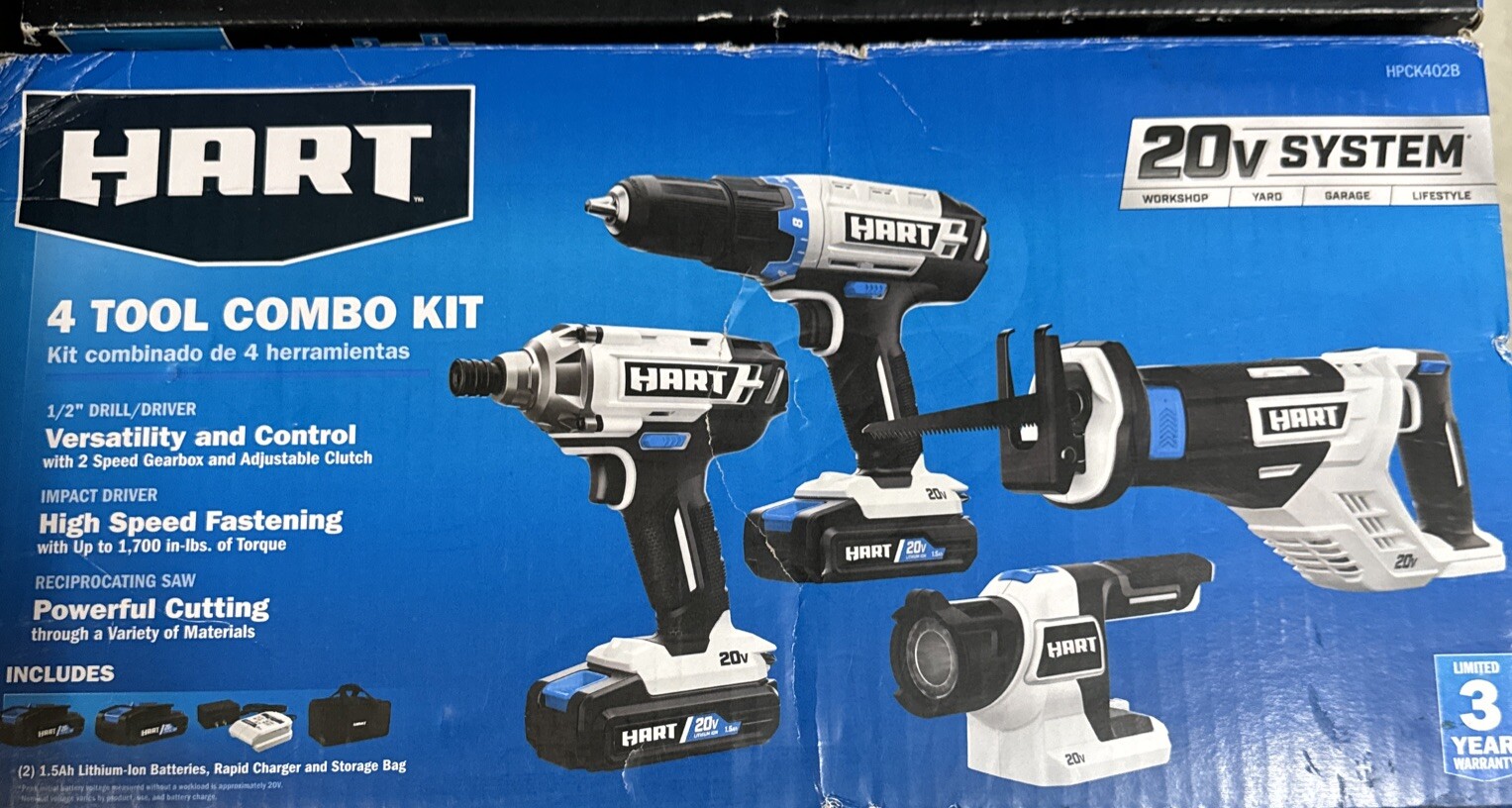Hart 20V Cordless 4-Tool Combo Kit, 2 Batteries, Charger And Carry Bag ...