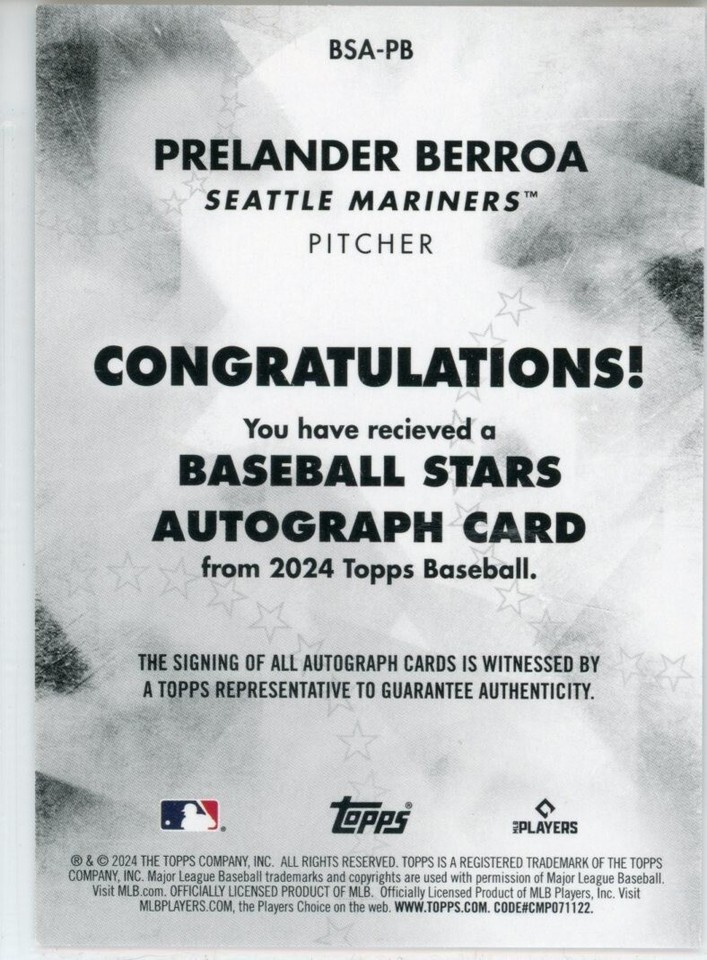 2024 Topps Baseball Stars Autographs #BSAPB Prelander Berroa Seattle ...