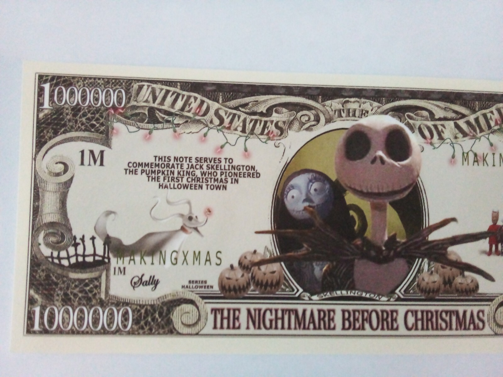Two Jack Skellington $1 million bills Doublesided Novelty Banknotes ...