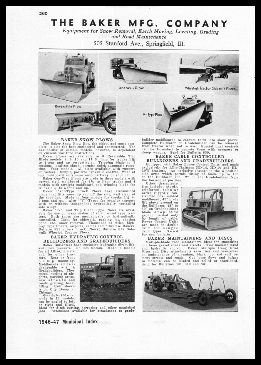 1946 Baker Mfg. Snow plows, bulldozers Springfield IL Vintage trade ...