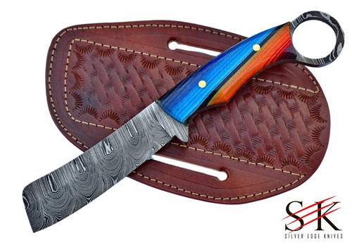 Handmade Damascus Cowboy Bull Cutter Knife with Micarta Handle Leather ...