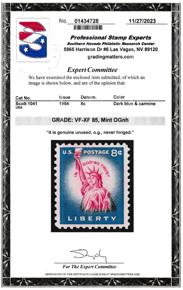 U.S. Scott # 1041, 1954, 8¢, PSE Cert, VF-XF 85, Mint, OGnh, Dark Blue ...
