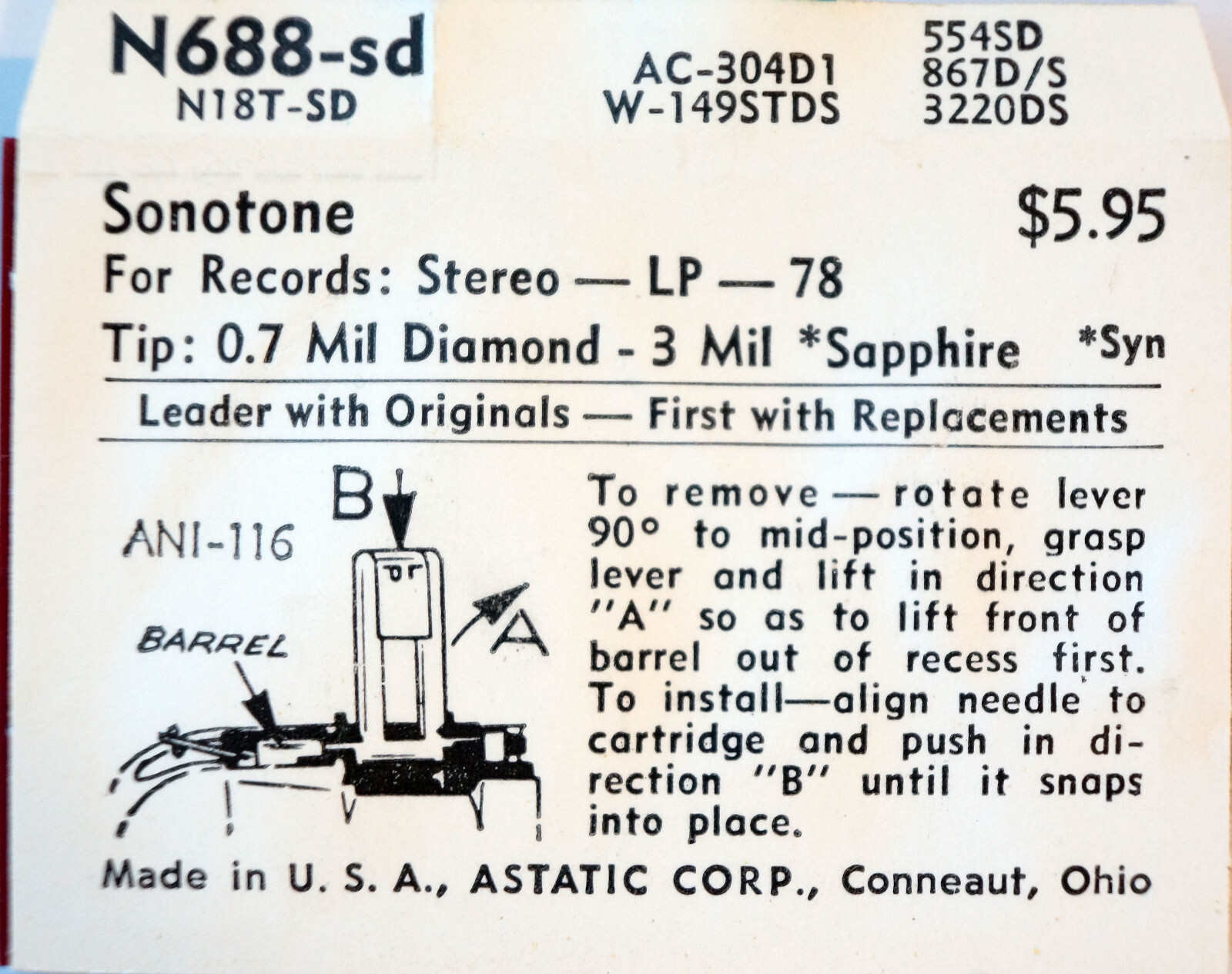 NOS Astatic Diamond Needle N688-sd for Sonotone N18T 554SD 867DS 3220DS ...