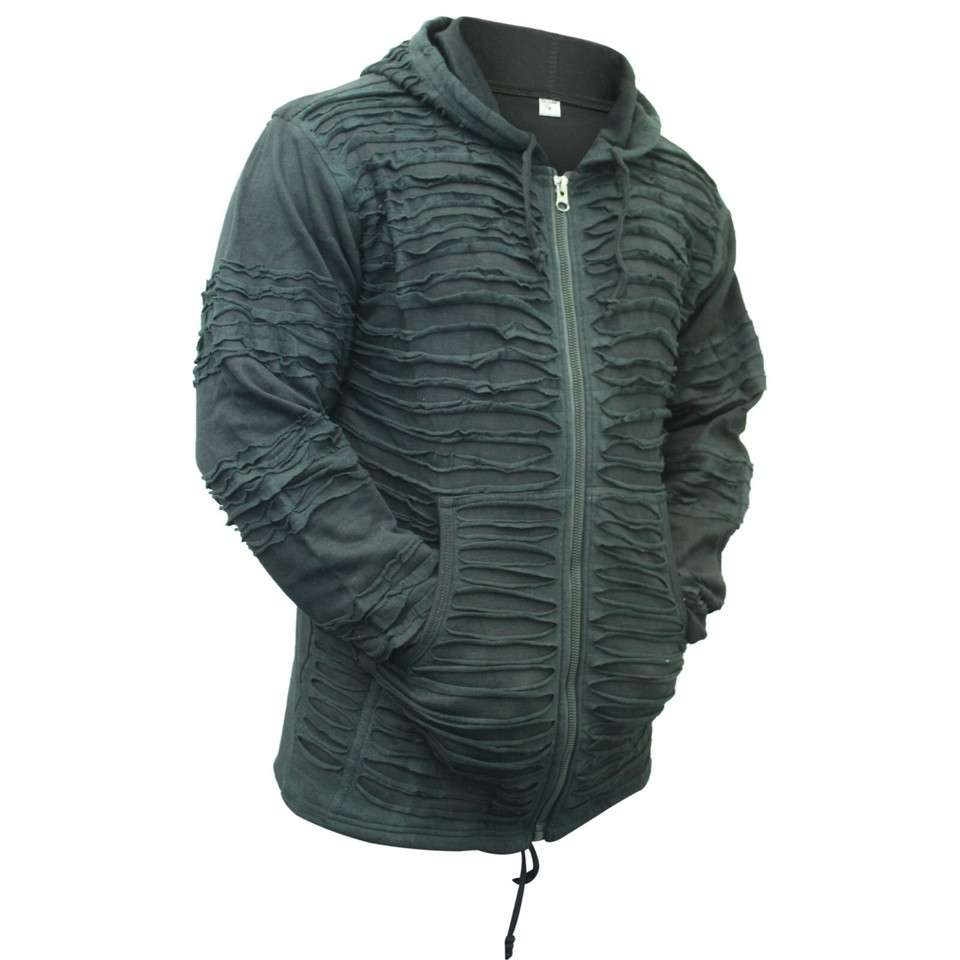 Mens Stonewashed Black Razor Cut Hippie Hooded Long Sleeved Winter ...