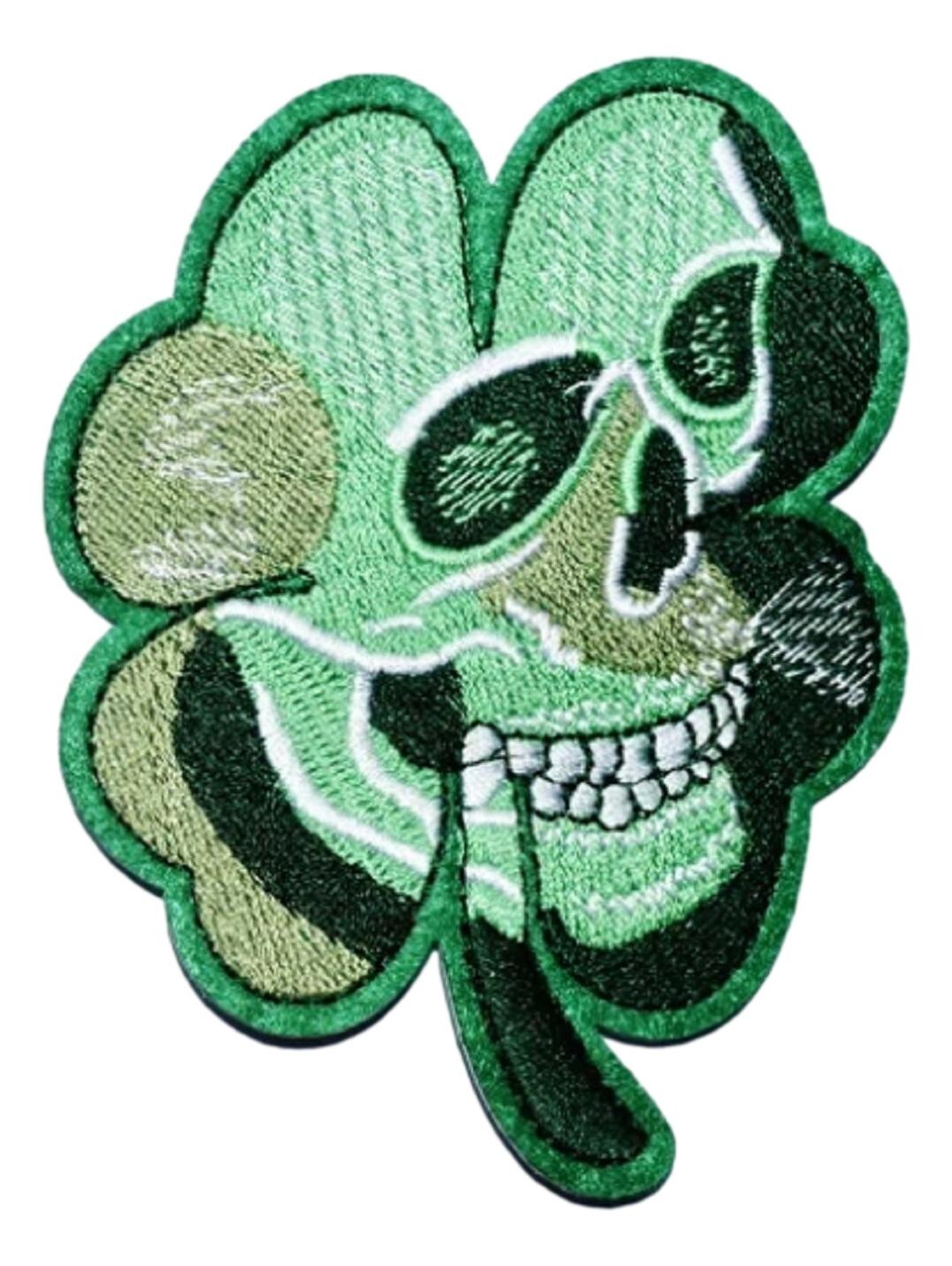 4 Leaf Clover Skull Biker Embroidered 3.5" Tall Iron on Patch | eBay