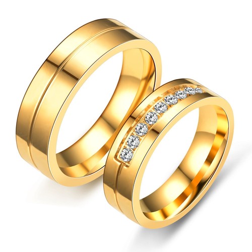 Cubic Zirconia Couples Ring 18K Gold Plated Stainless Steel Wedding ...