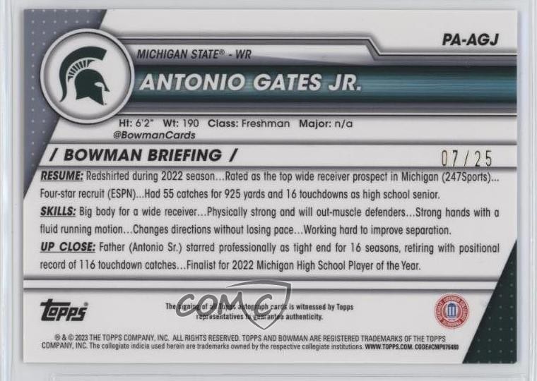 2023 Bowman U Chrome Sapphire Edition Prospect Orange /25 Antonio Gates ...