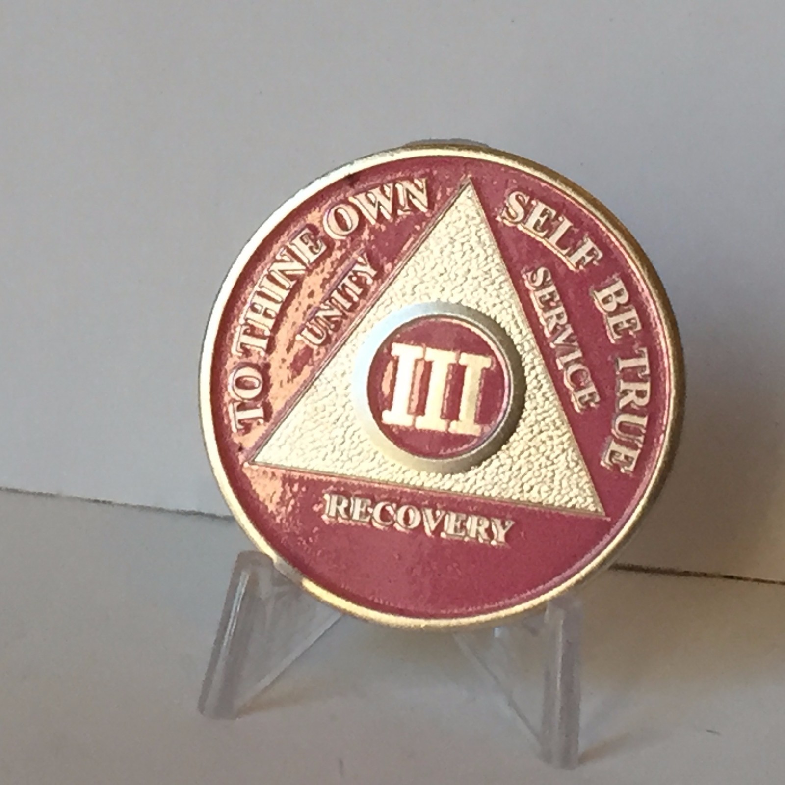 Pink & Silver Plated 3 Year AA Chip Alcoholics Anonymous Medallion Coin ...