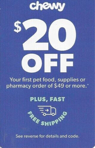 CHEWY.com $20 Off 1st $49 Order Dog Cat Pet Food Toys Plus Supplies NEW ...
