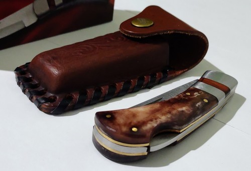 BLOODY RED BONE LOCKBACK HUNTING POCKET KNIFE W/ SHEATH CASE LOCK BACK ...