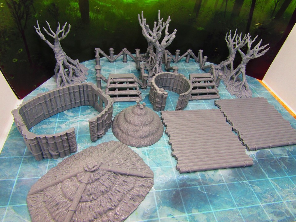 11pc Swamp / Marsh Huts and Trees Set Scatter Terrain Scenery 3D ...