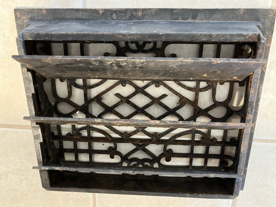 Antique cast iron furnace register grate- 14 x 17 with box and vanes ...