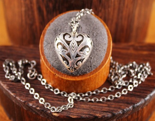Openwork Filigree Scroll Puffy Heart Pendant Necklace Sterling Silver ...