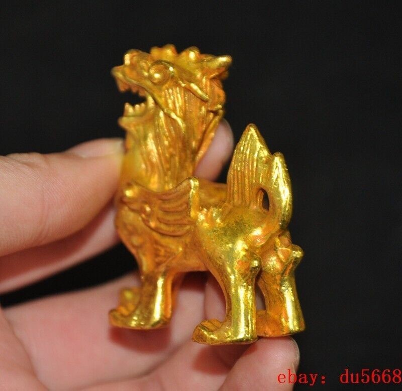 2"China Ancient bronze Gilt wealth kylin Kirin Chi-Lin Kilin Qilin ...