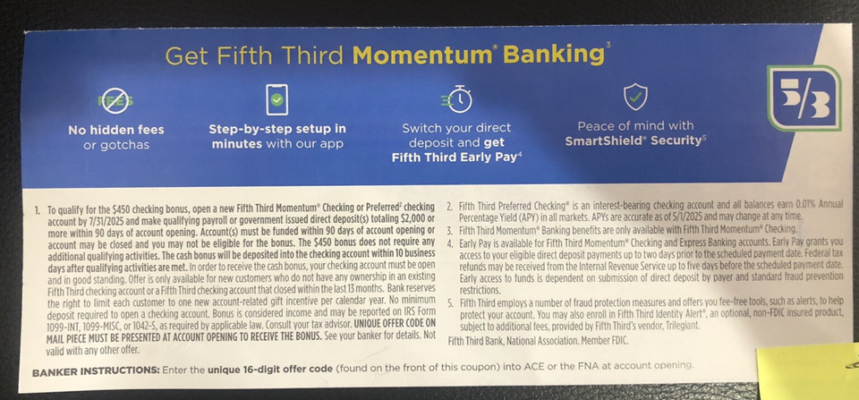 5/3 Fifth Third Bank $450 Bonus Coupon with New Checking Account exp ...