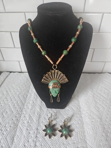 1950s Mexican Aztec Carved Jade Tribal Mask Copper Brass Necklace ...