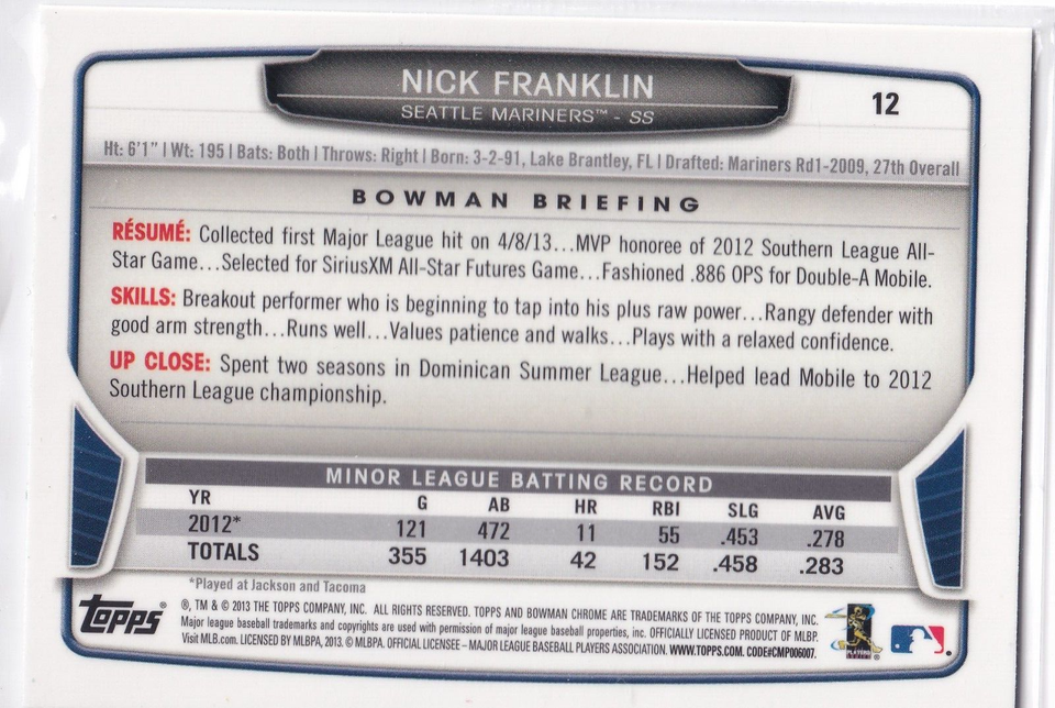 2013 Bowman Chrome #12 Nick Franklin MLB Seattle Mariners Rookie Card ...