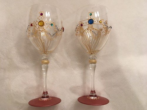 VINTAGE SMITHEREENS GLASS “VIKKI” SIGNED HAND PAINTED 2 PC 9 1/2" WINE ...
