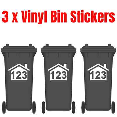 x3 White Wheelie Bin House Numbers Stickers Wheely Dustbin Sticker Peel ...