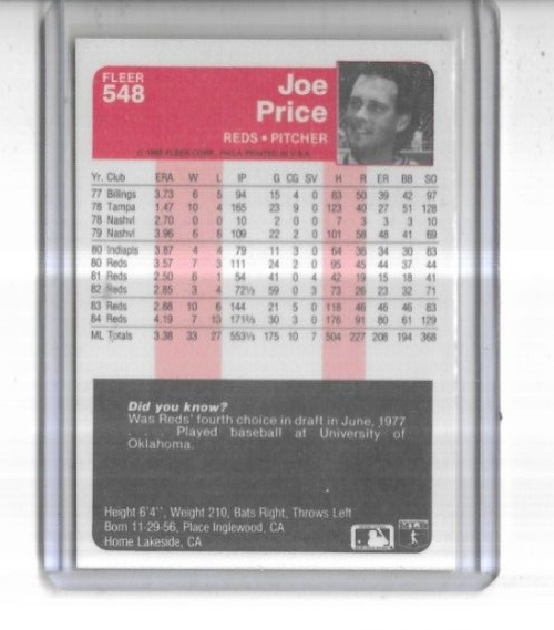 1985 Fleer #548 Joe Price Cincinnati Reds | eBay