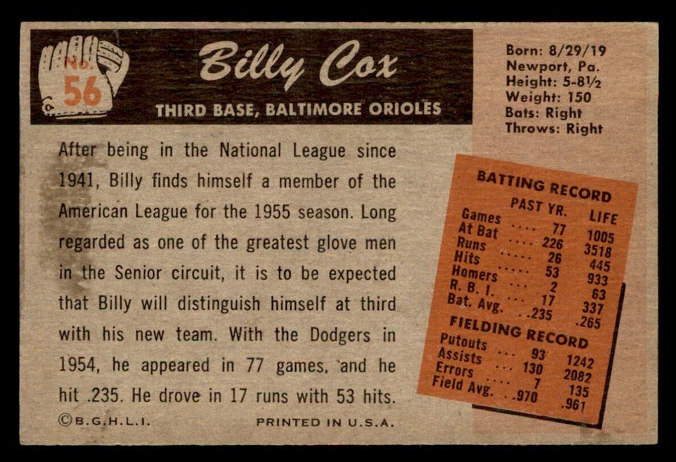 1955 Bowman Baseball #56 Billy Cox EX *g1 | eBay