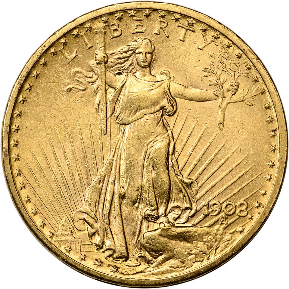 US Gold $20 Saint-Gaudens Double Eagle PCGS MS62 1908 No Motto Random ...