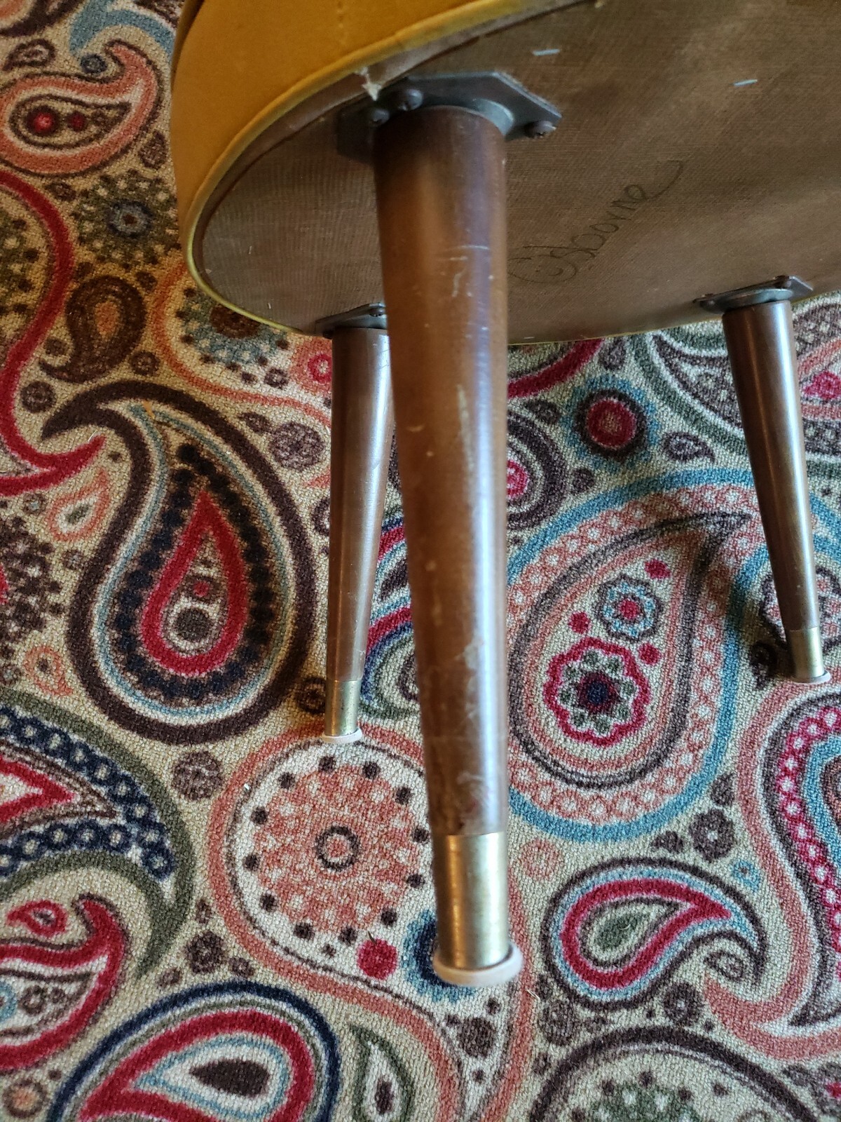 Vintage Round Harvest Gold Naugahyde Footstool w/ Wooden Screw Legs | eBay