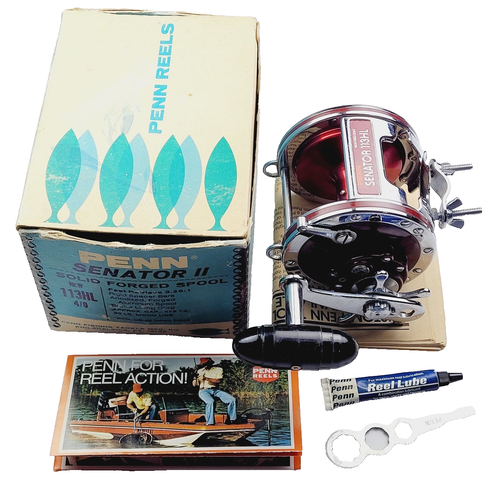 Vintage Penn Reel - 113HL 4/0 Senator Anniversary Red Spool Chrome Bars ...