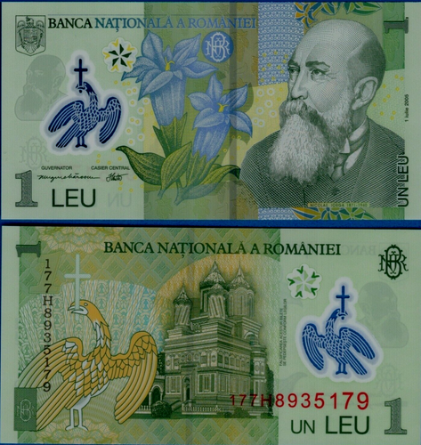 Romania 1 LEI P-117 2005 ( 2017 ) POLYMER Eagle Flower UNC Romanian ...