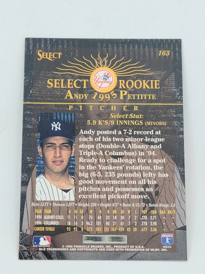 ANDY PETTITTE 1995 Pinnacle Select ROOKIE RC Card #163 NY Yankees | eBay