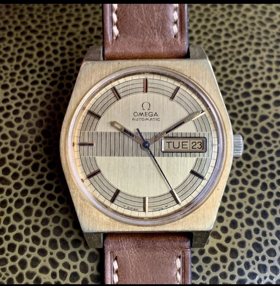 OMEGA Automatic Gold Barcode Square Day/Date Wristwatch Brown Leather ...