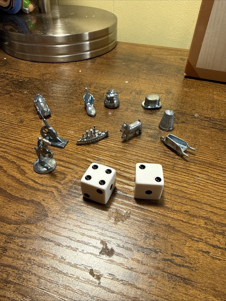 Monopoly Metal Replacement Tokens - 10 Classic Pieces Pawns & 2- Dice ...