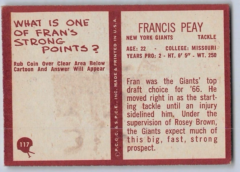 1967 FRANCIS PEAY - Philadelphia Football Card - # 117 - NEW YORK ...