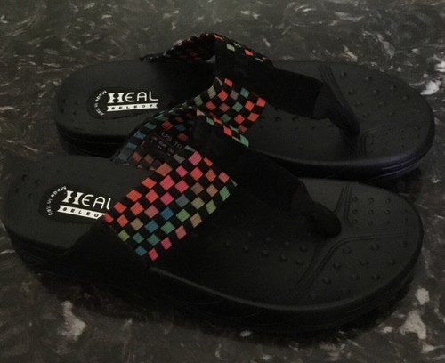 NEW HEAL SELECT BLACK MULTICOLOR COMFORT WEDGE FLIP FLOP SANDALS 10 M ...