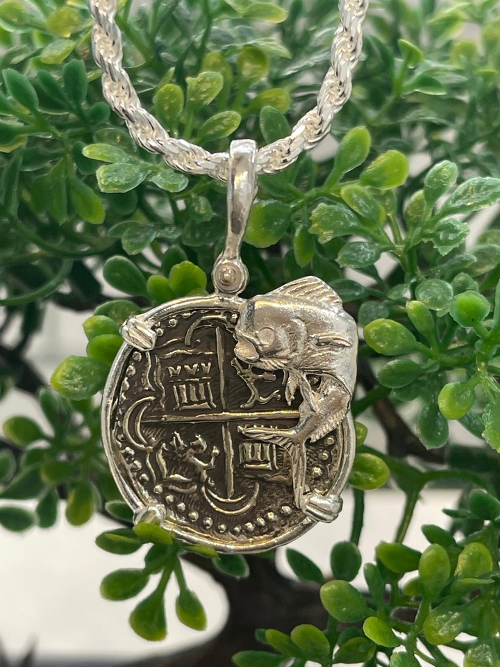 Solid Atocha shipwreck treasure Mel fisher silver coin pendant in fish ...