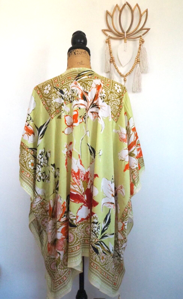 Nine West Lime Green Floral Blooms Rayon Ruana Wrap Kimono w/Tassels ...